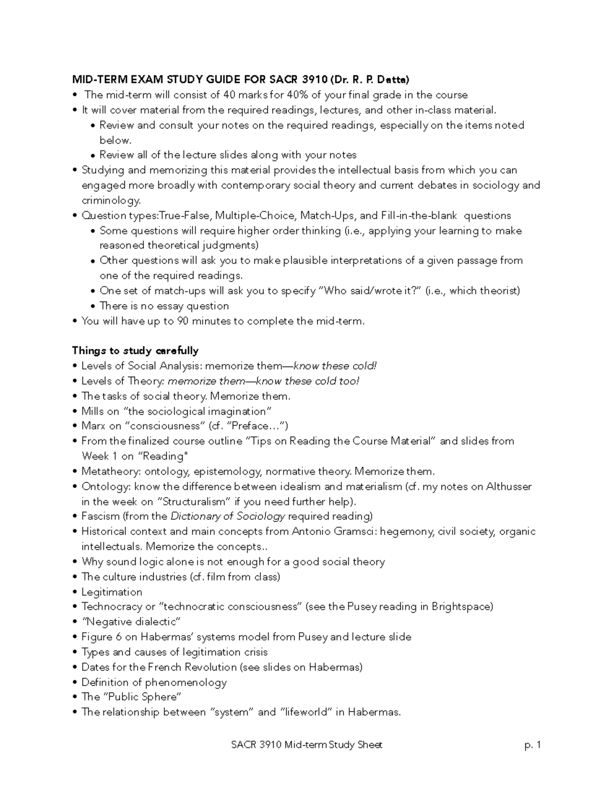 Mid-term study sheet SACR 3910 Fall 2024 - MID-TERM EXAM STUDY GUIDE ...