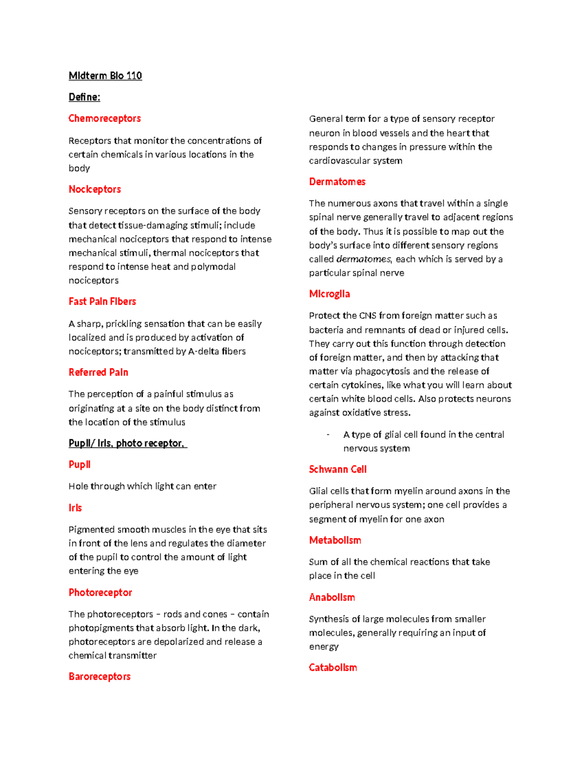 Physio Mid Term Study Guide-updated - Midterm Bio 110 Define ...