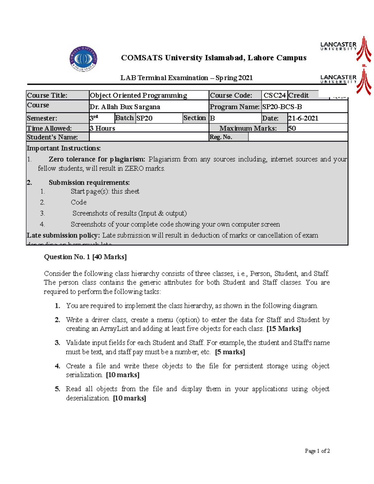 SP21 Lab Terminal - COMSATS University Islamabad, Lahore Campus LAB ...