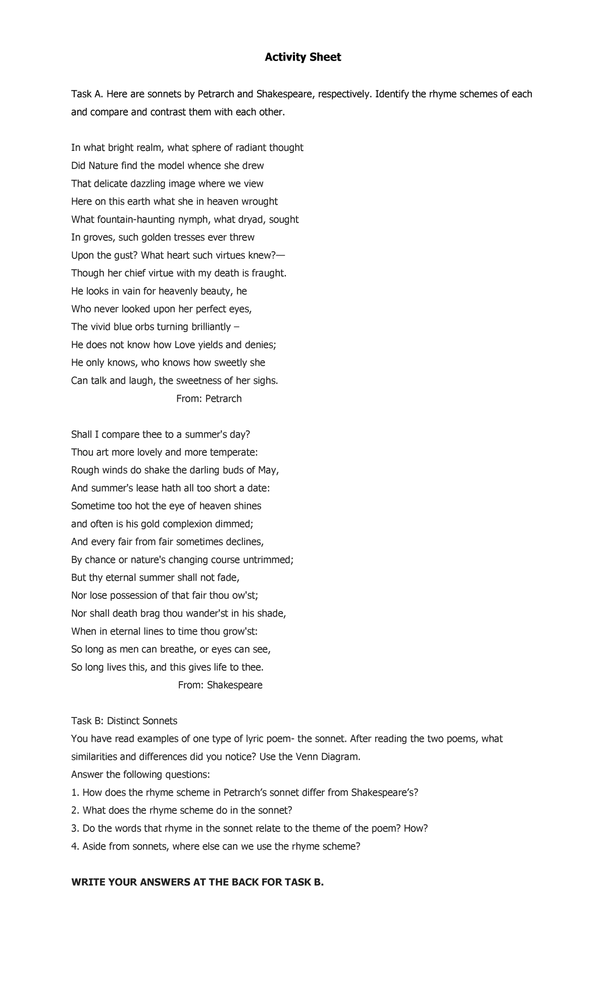 Performance Task Sonnet English 10 - Activity Sheet Task A. Here are ...