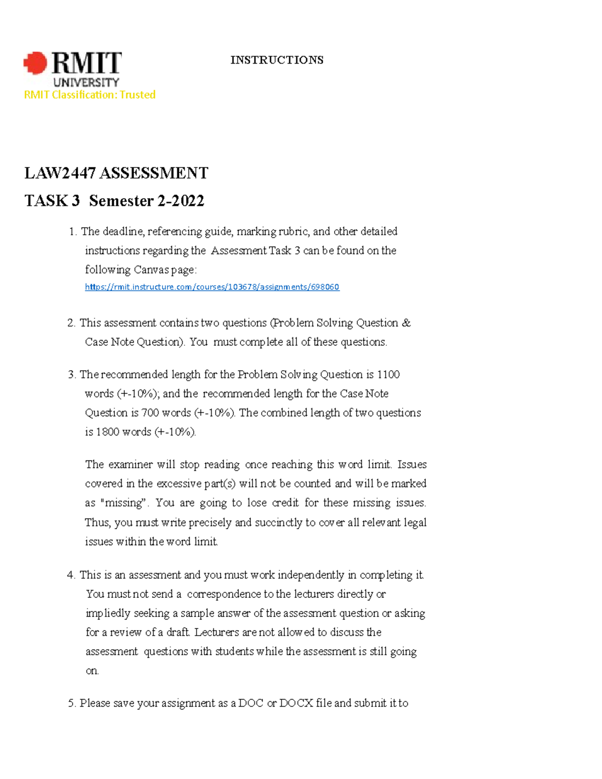 Chia sẻ 'LAW2447 Assessment Task 3 Questions Sem 2-2022.pdf' - RMIT Classification: Trusted ...