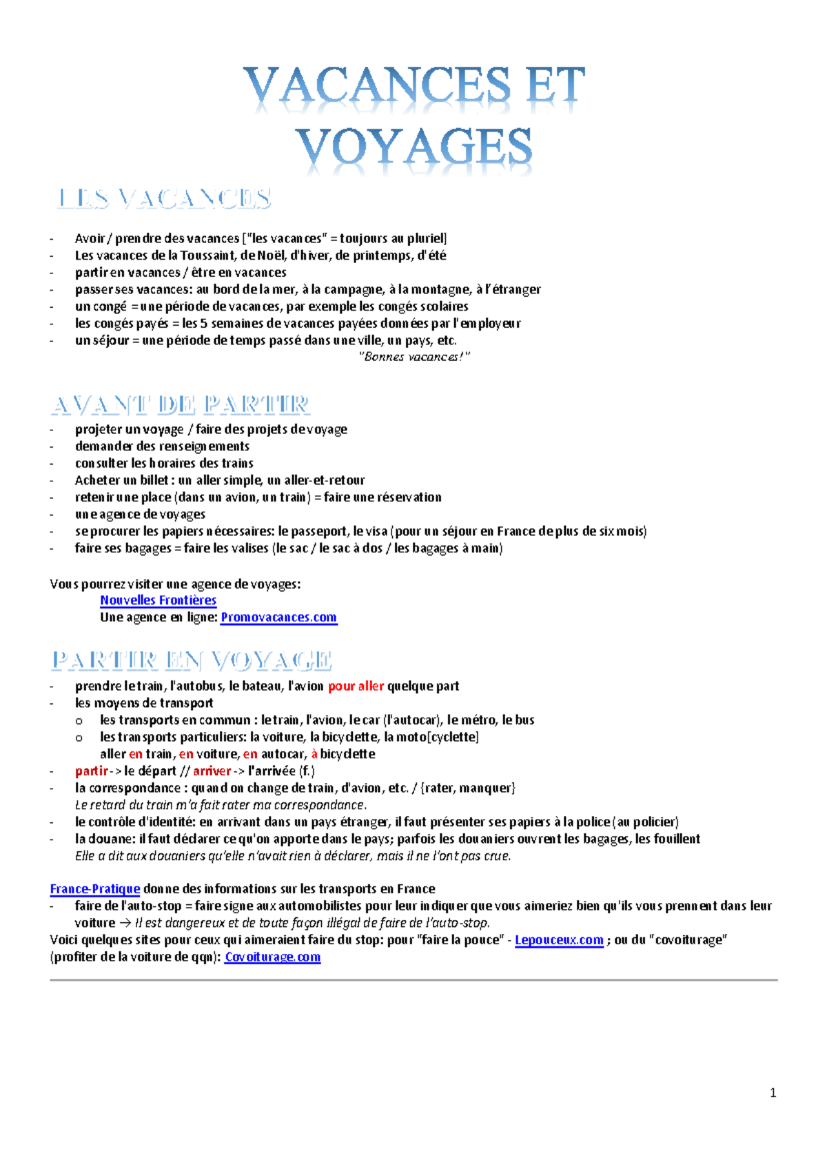LEXIQUE DU VOYAGE - Avoir / prendre des vacances ["les vacances ...