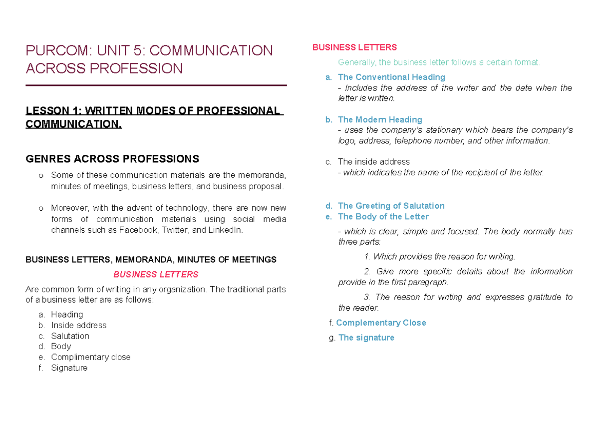 Purcom UNIT 5 - PURCOM: UNIT 5: COMMUNICATION ACROSS PROFESSION LESSON 1: WRITTEN MODES OF - Studocu