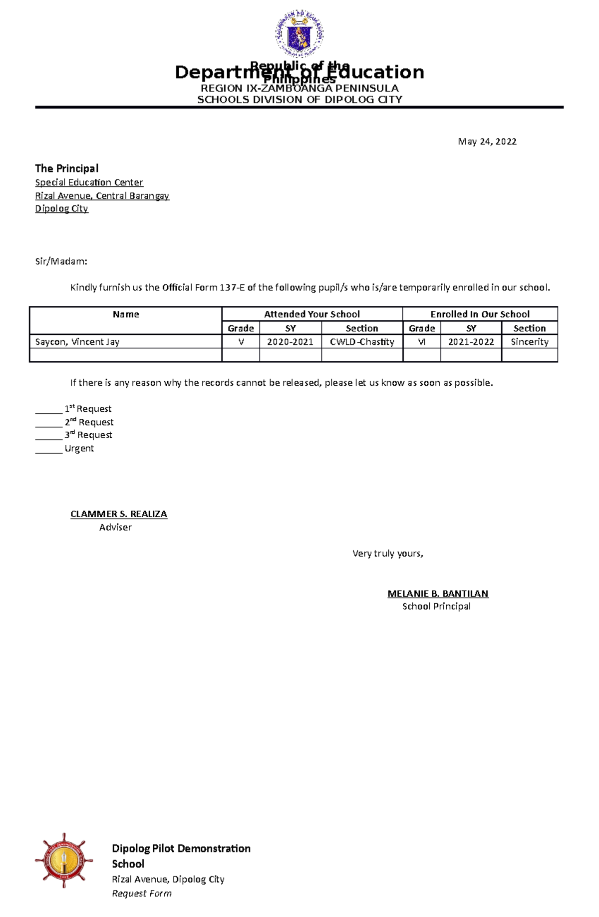 Request form - a form requiring the previous school to send the ...