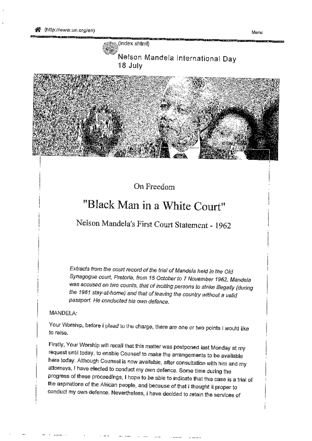 Nelson Mandela Speech - Lecturer notes. - - Studocu