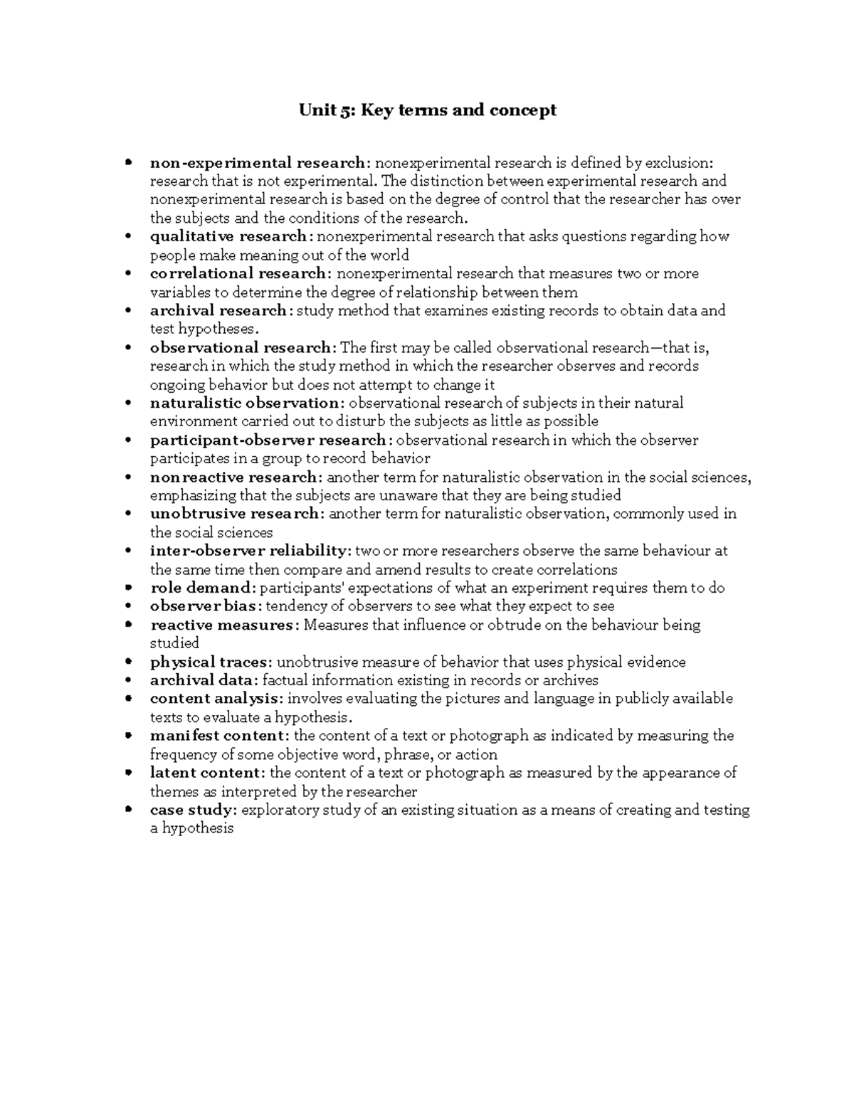 PSYC 304 Unit 5 UNIT 1 Key words and questions - Unit 5: Key terms and concept non-experimental ...
