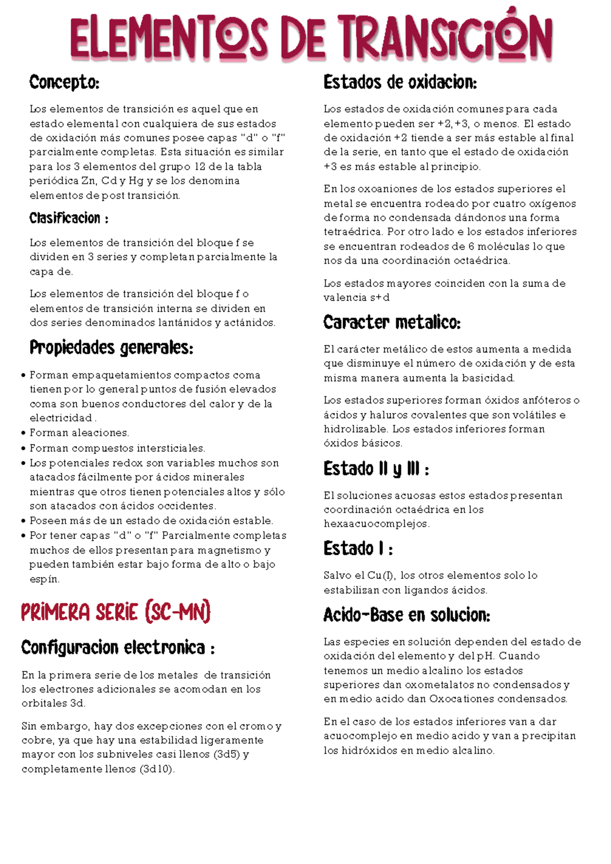 Elementos de Transicion y post transicion - Elementos de transición Concepto: Los elementos de ...