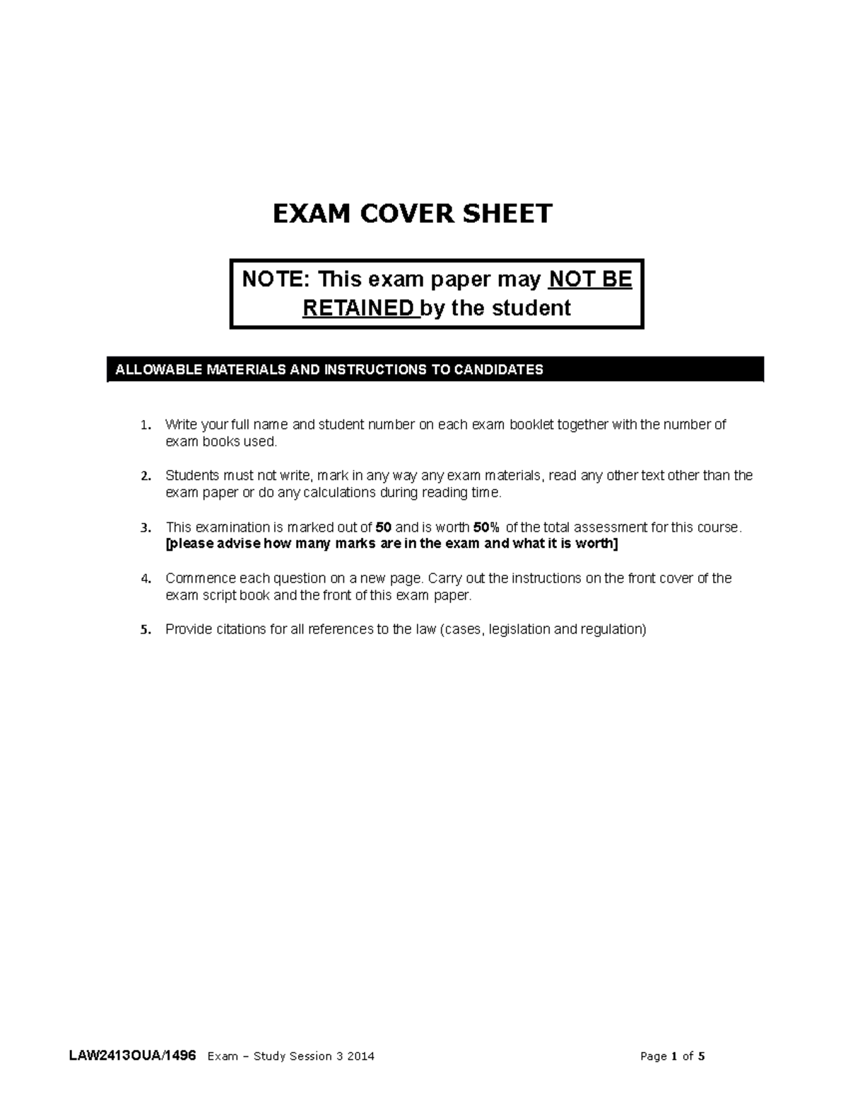 Exam 2015, Questions - EXAM COVER SHEET NOTE: This exam paper may NOT ...
