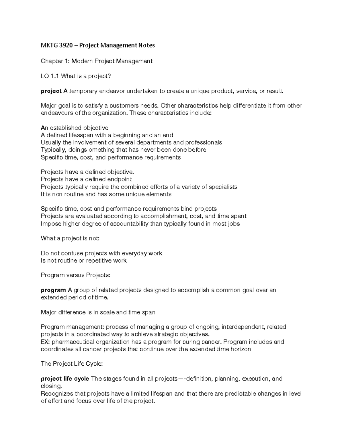 MKTG 3920 - Ch 1 - Project Management Notes - MKTG 3920 3 Project ...