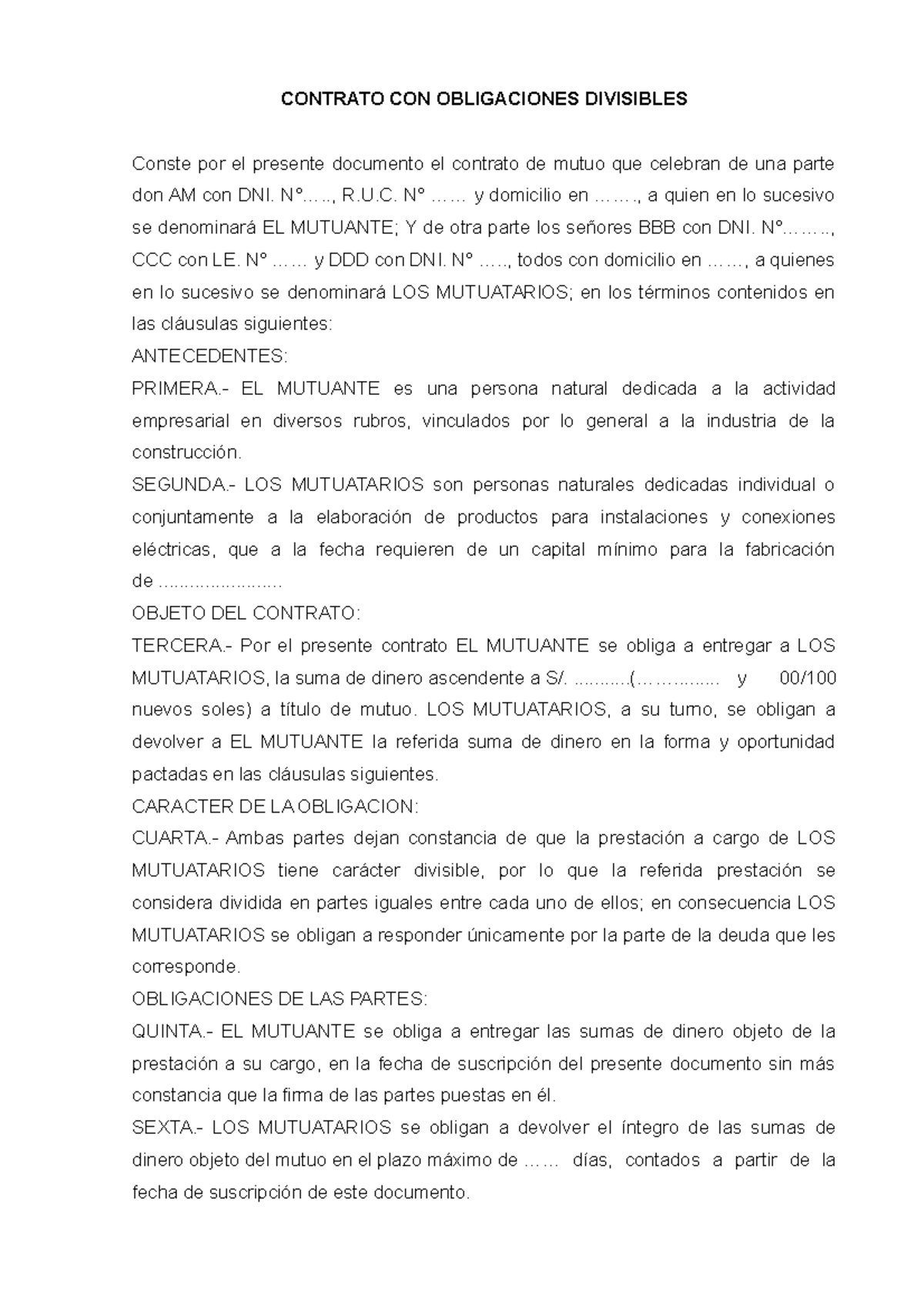 5 - contratos - CONTRATO CON OBLIGACIONES DIVISIBLES Conste por el ...