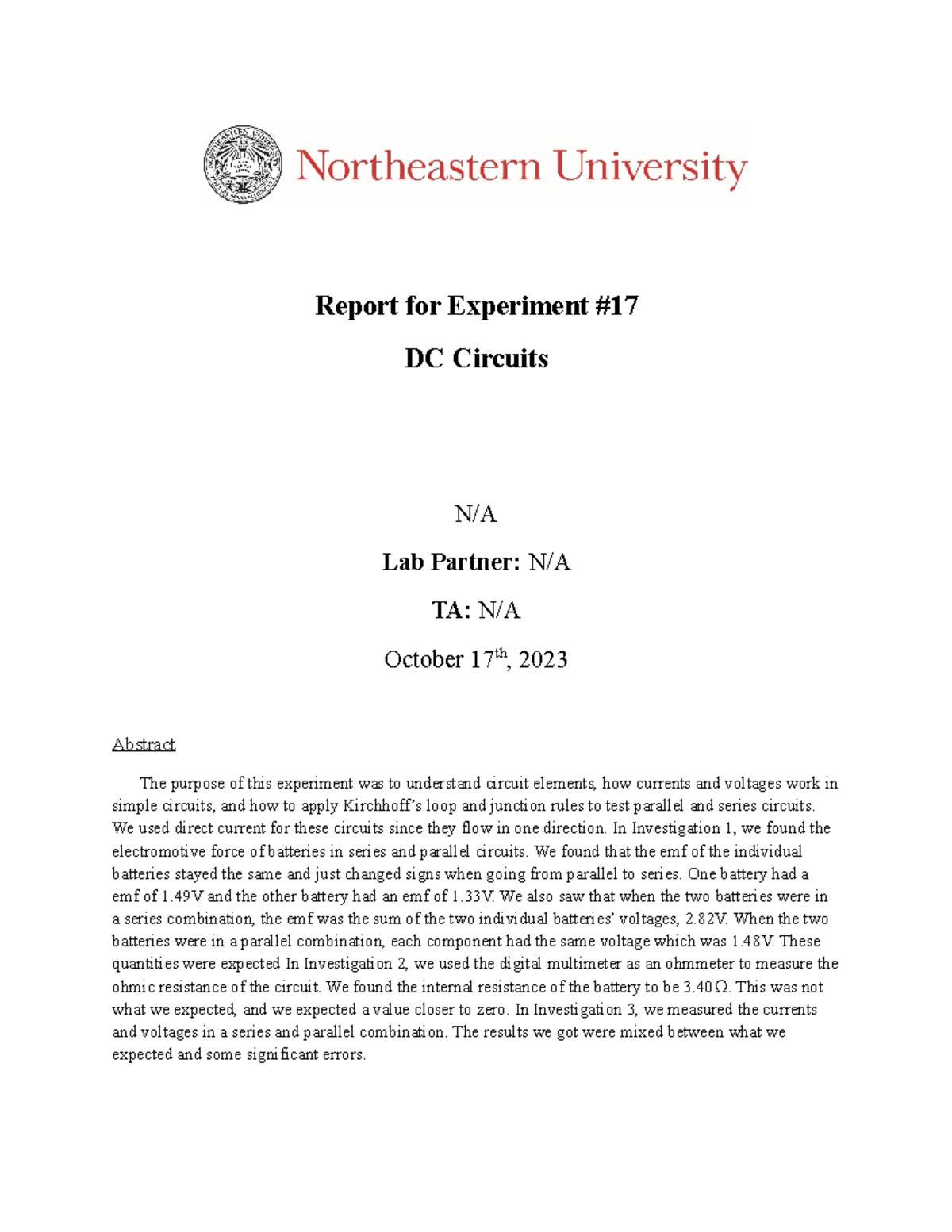 Phys2Exp17 - experiment 17 DC Circuits - Report for Experiment DC ...