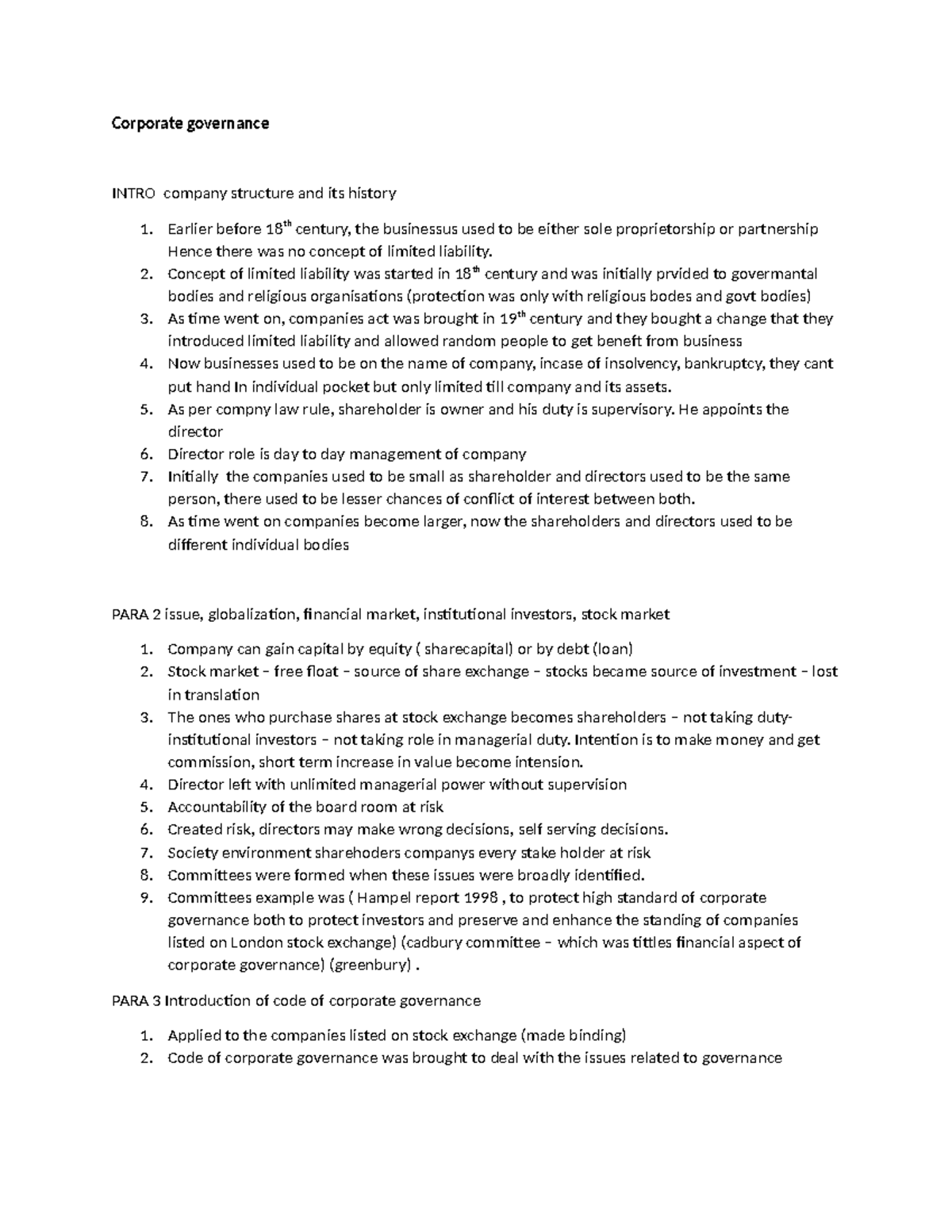 Corporate governance - brief notes - Corporate governance INTRO company ...