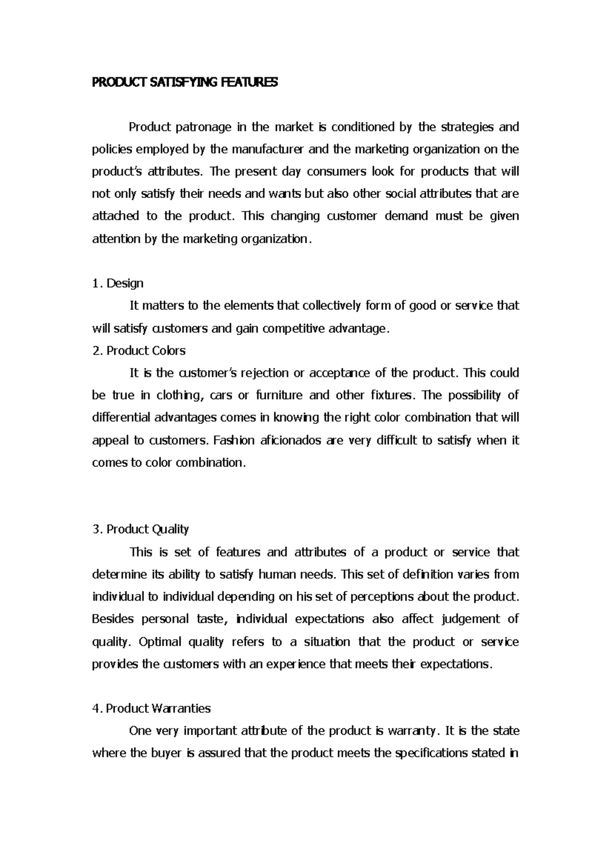 Product Satisfying Features - PRODUCT SATISFYING FEATURES Product ...