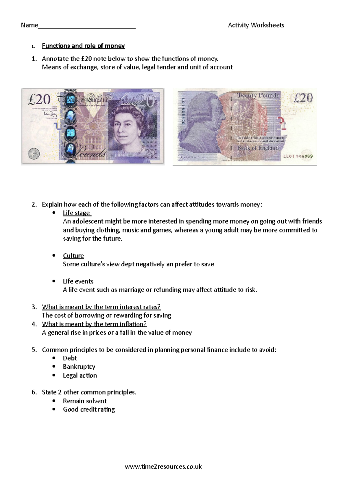 1 Functions and role of money - Name ...