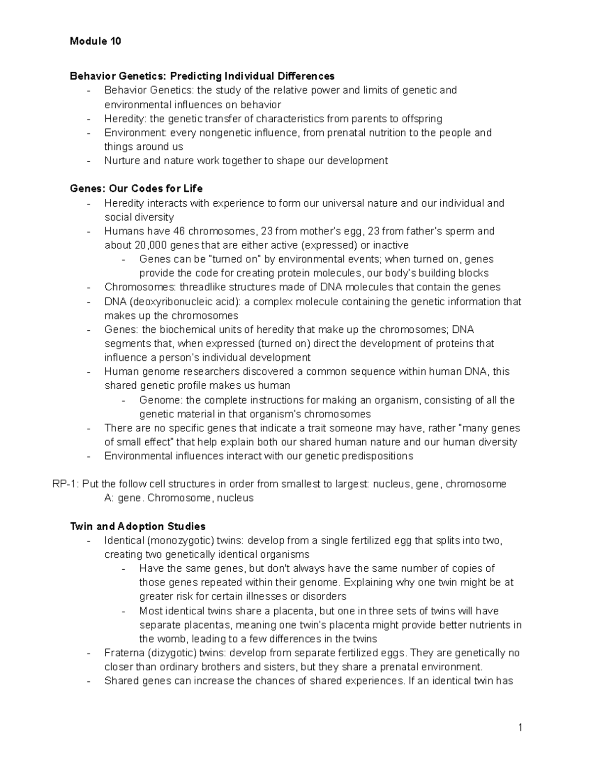 Psychology Module 10 - Behavior Genetics: Predicting Individual ...