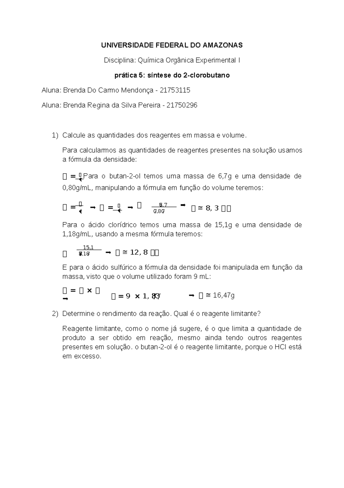 Pratica 5 síntese do 2-clorobutano - Brenda Regina- Brenda Mendonça ...