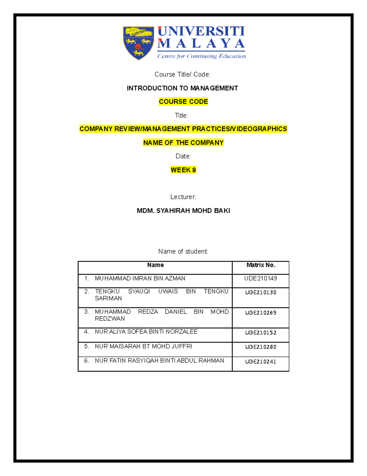 A Cover PAGE Introduction TO Management - Course Title/ Code ...