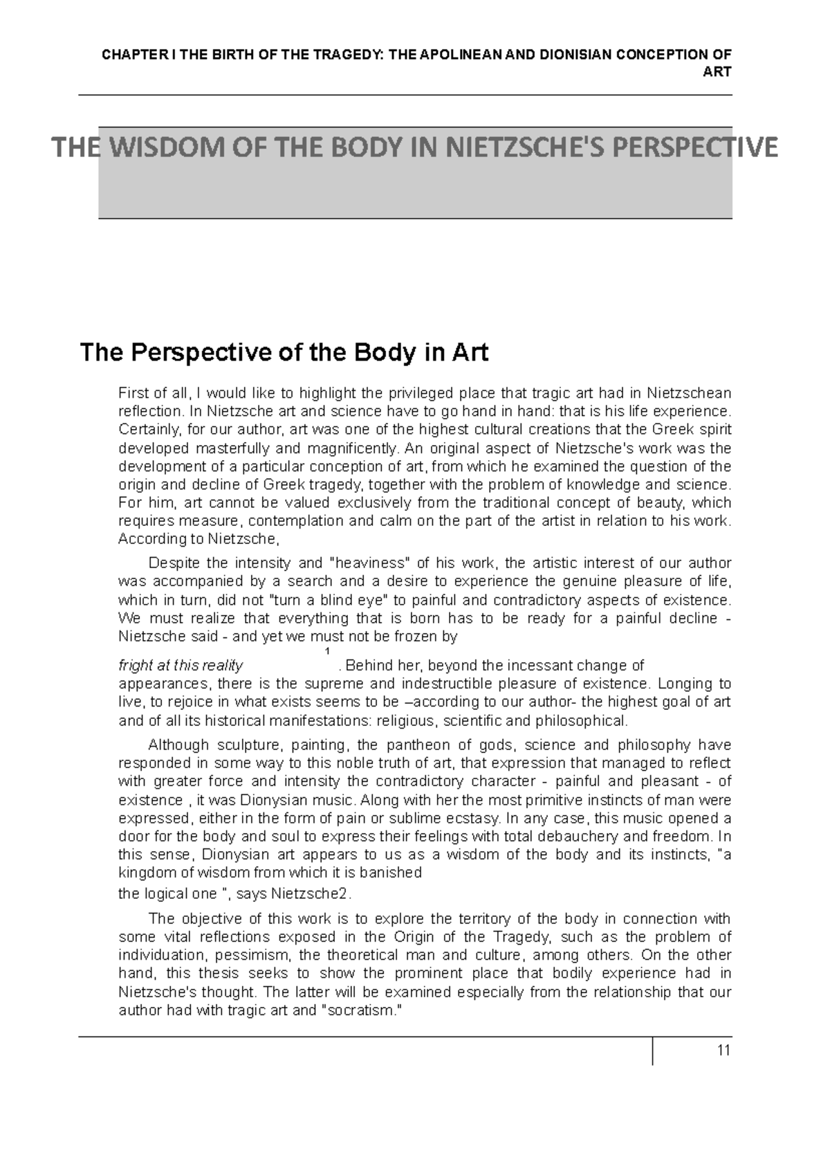 THE Wisdom OF THE BODY IN Nietzsche'S Perspective - CHAPTER I THE BIRTH ...