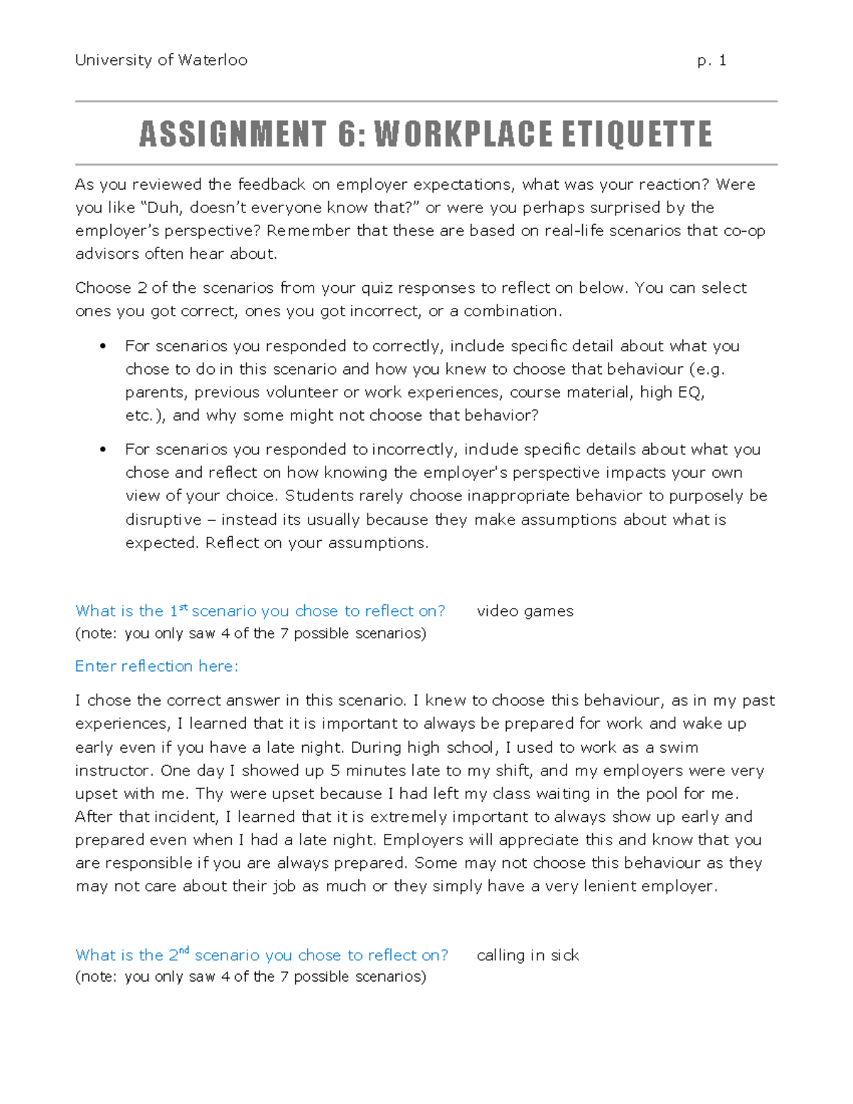 Assign 6-workplace-etiquette - University of Waterloo p. 1 ASSIGNMENT 6 ...