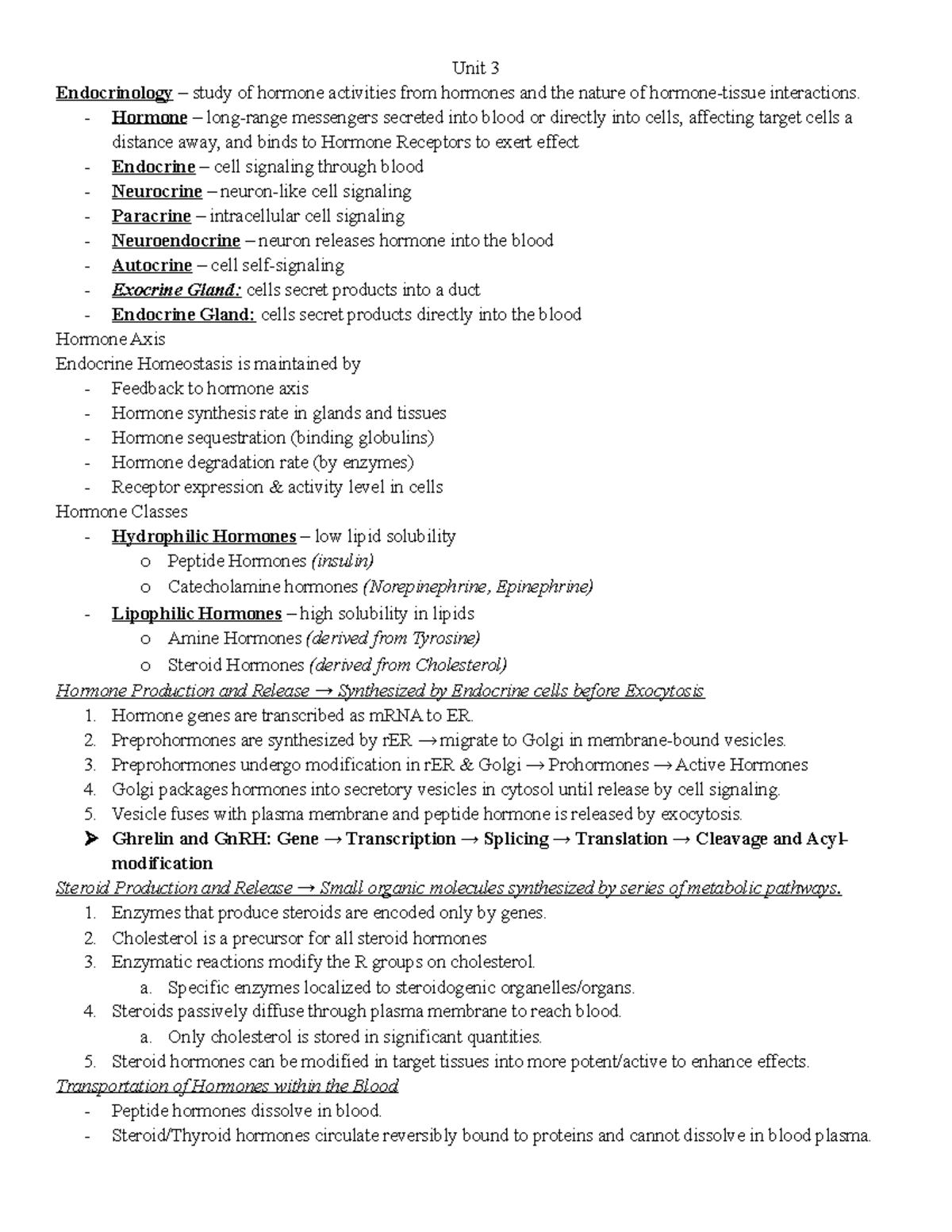 BIO 370 - Unit 3 - Summary for Exam 3. - Unit 3 Endocrinology – study ...