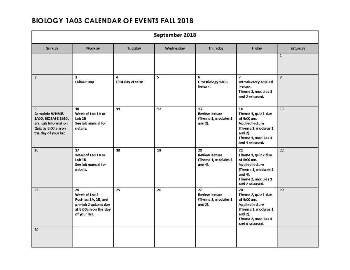 2018 Monthly Calendar - Calendar Labs - BIOLOGY 1A03 CALENDAR OF EVENTS ...