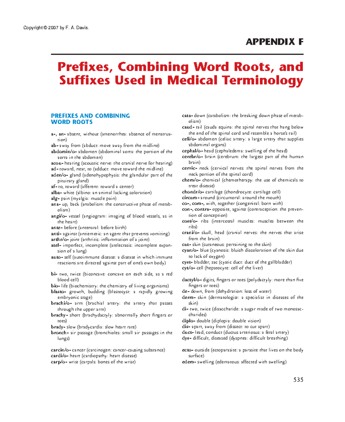 Mammalian Anatomy And Physiology (67) - 535 APPENDIX F Prefixes ...