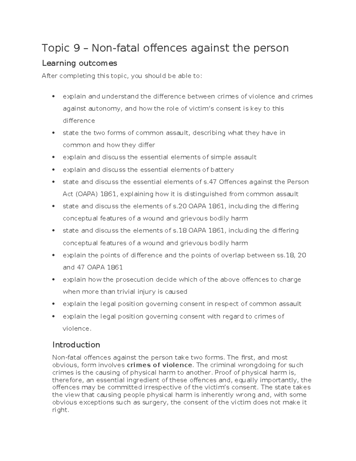 Topic 9 Non-fatal offences against the person - Copy - Topic 9 – Non ...