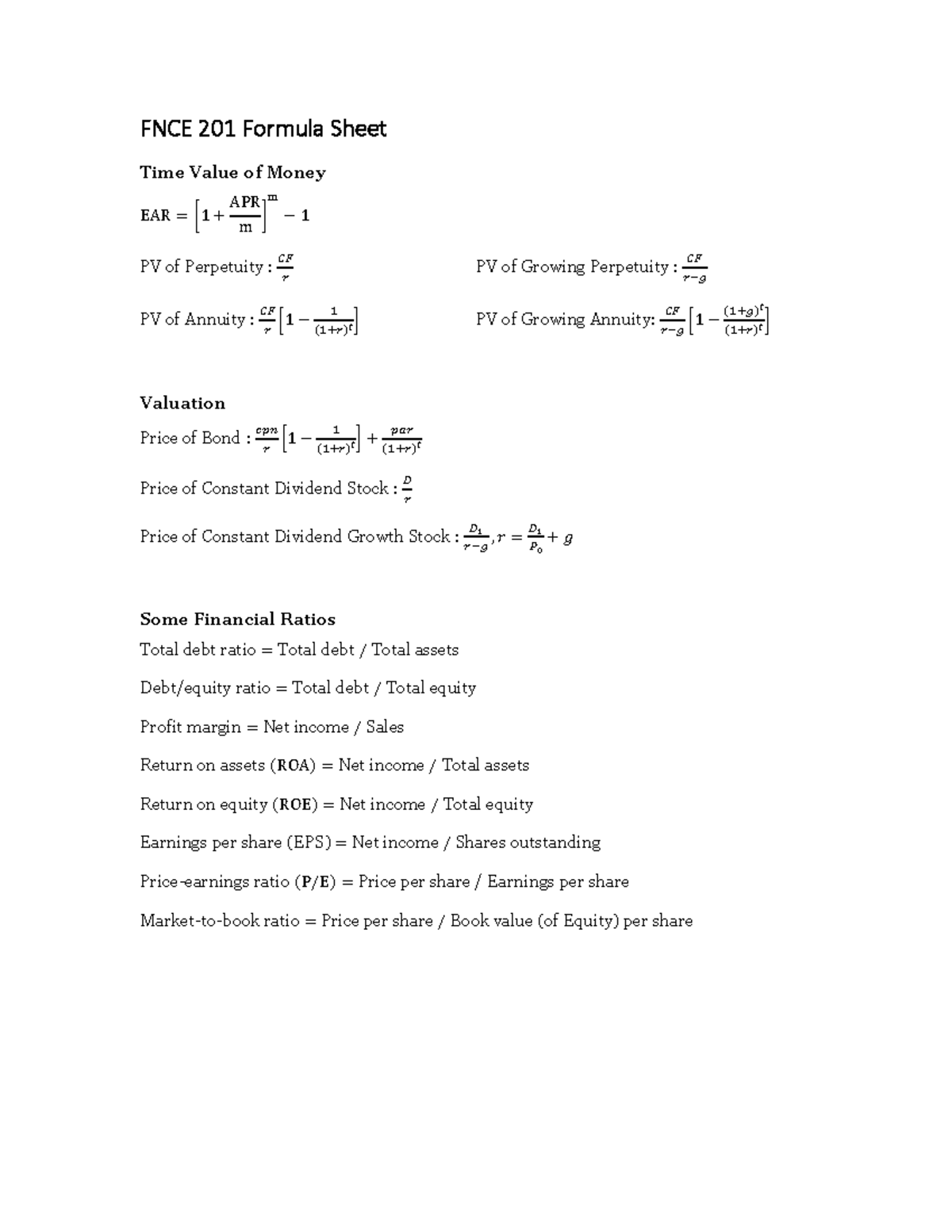 FNCE 201 Formula Sheet - FNCE 201 Formula Sheet Time Value of Money EAR ...