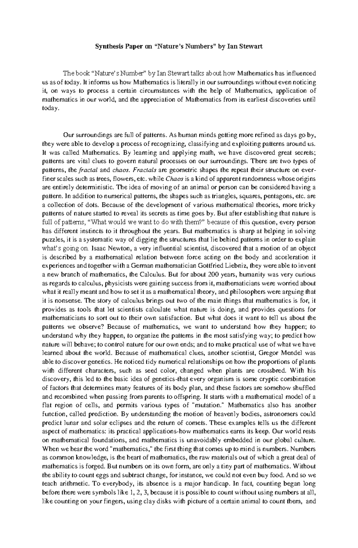 Toaz - Synthesis of Nature's Number - Synthesis Paper on
