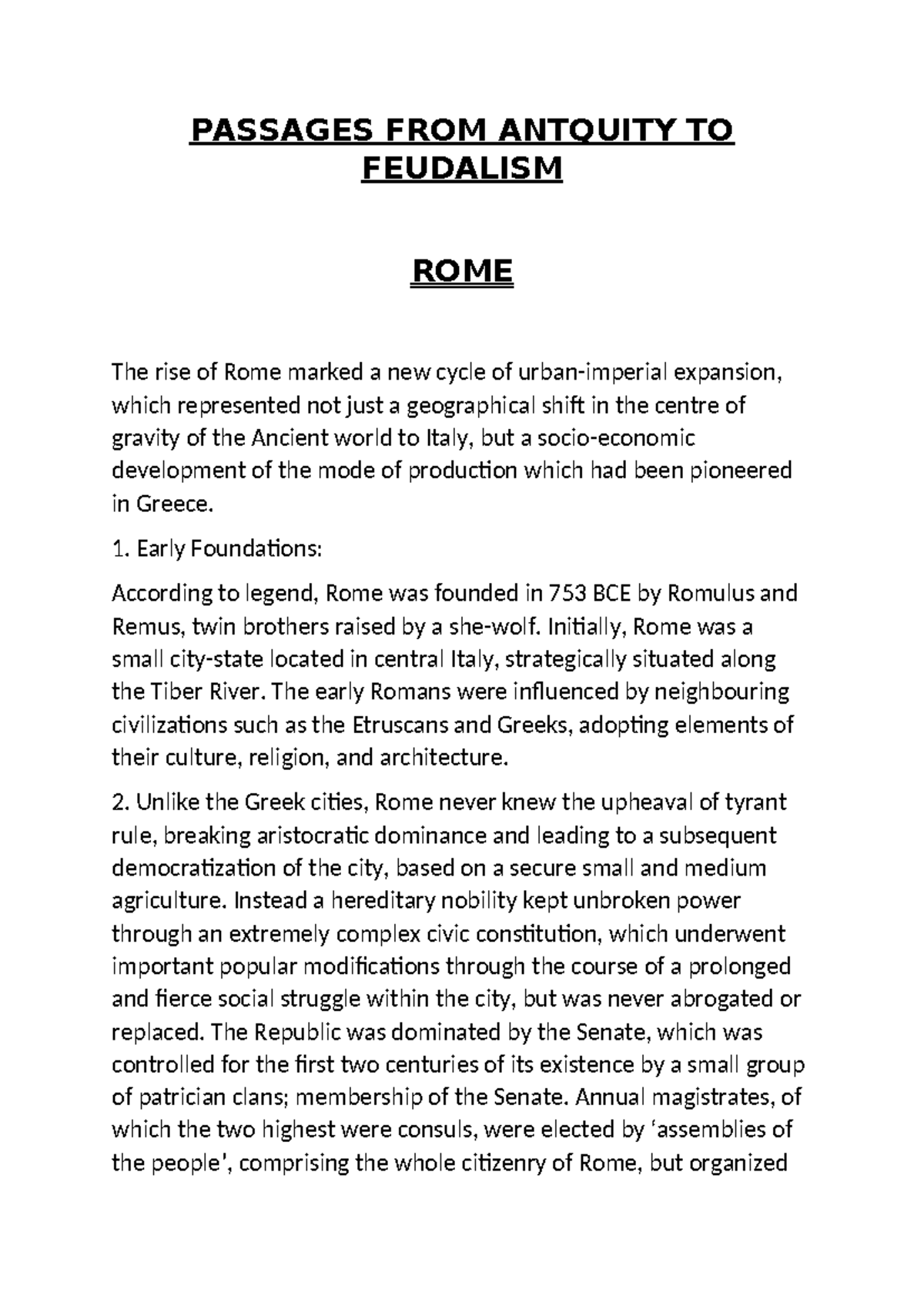 Rome notes (Perry Anderson) - PASSAGES FROM ANTQUITY TO FEUDALISM ROME ...