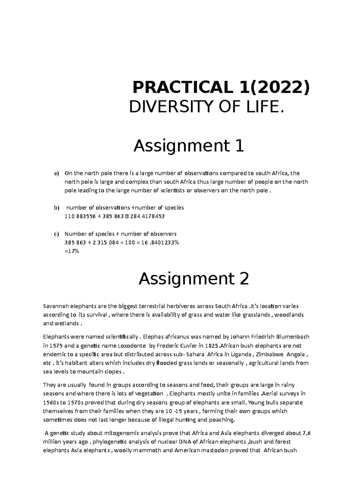 Bio 102 practical 1 - french assignment - PRACTICAL 1(2022) DIVERSITY ...