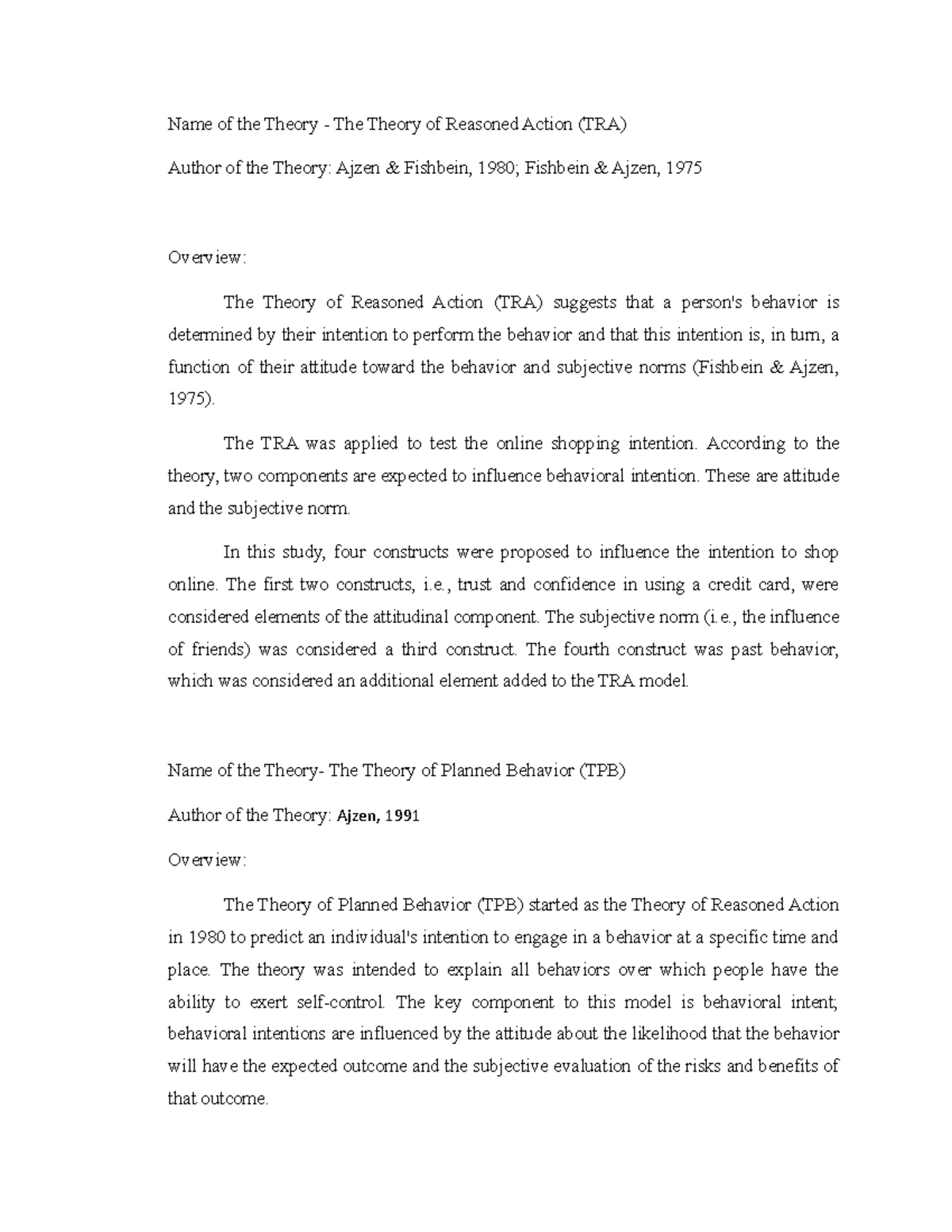Theories - Name of the Theory - The Theory of Reasoned Action (TRA ...