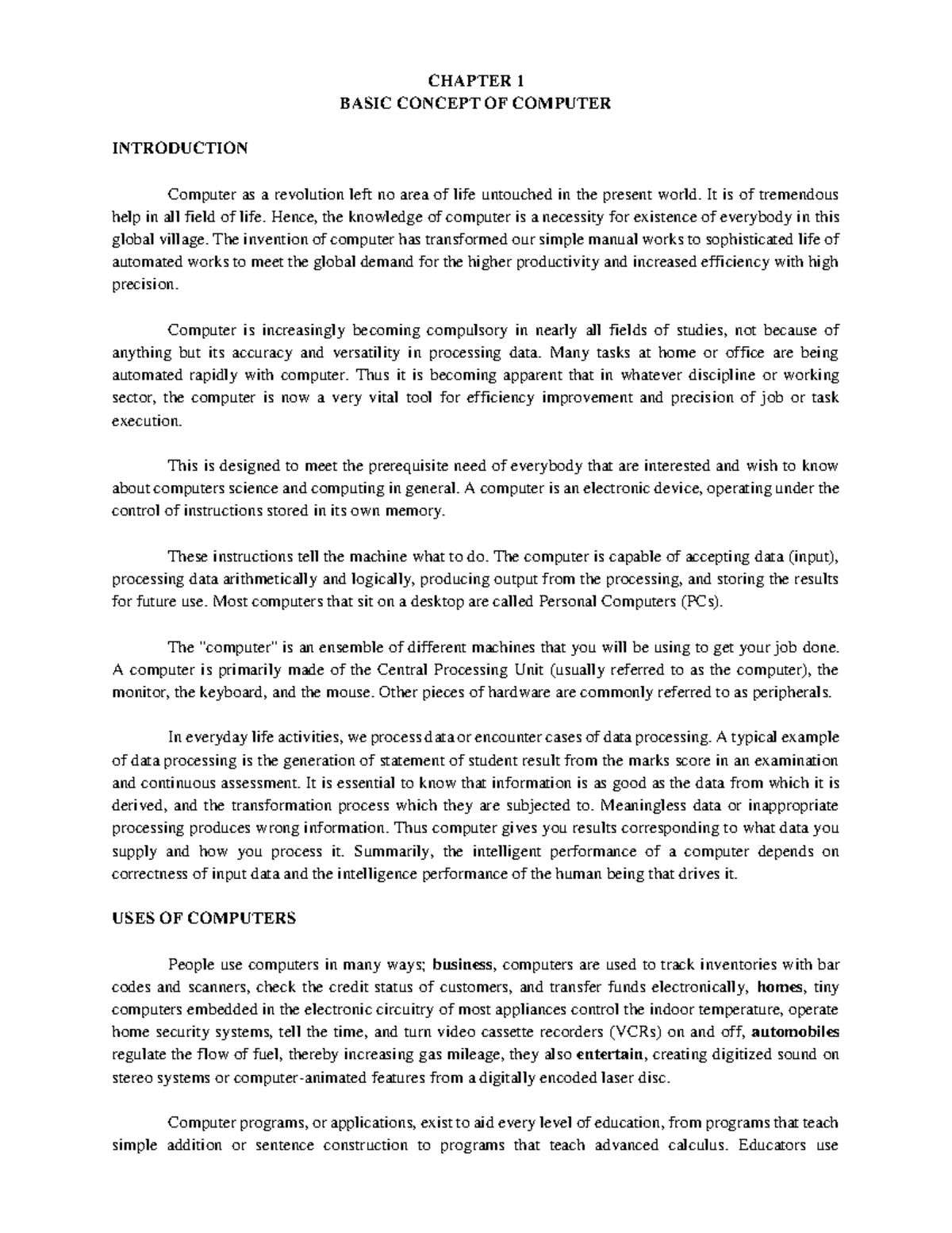 01 Chapter 1 Introduction TO Computer - CHAPTER 1 BASIC CONCEPT OF ...