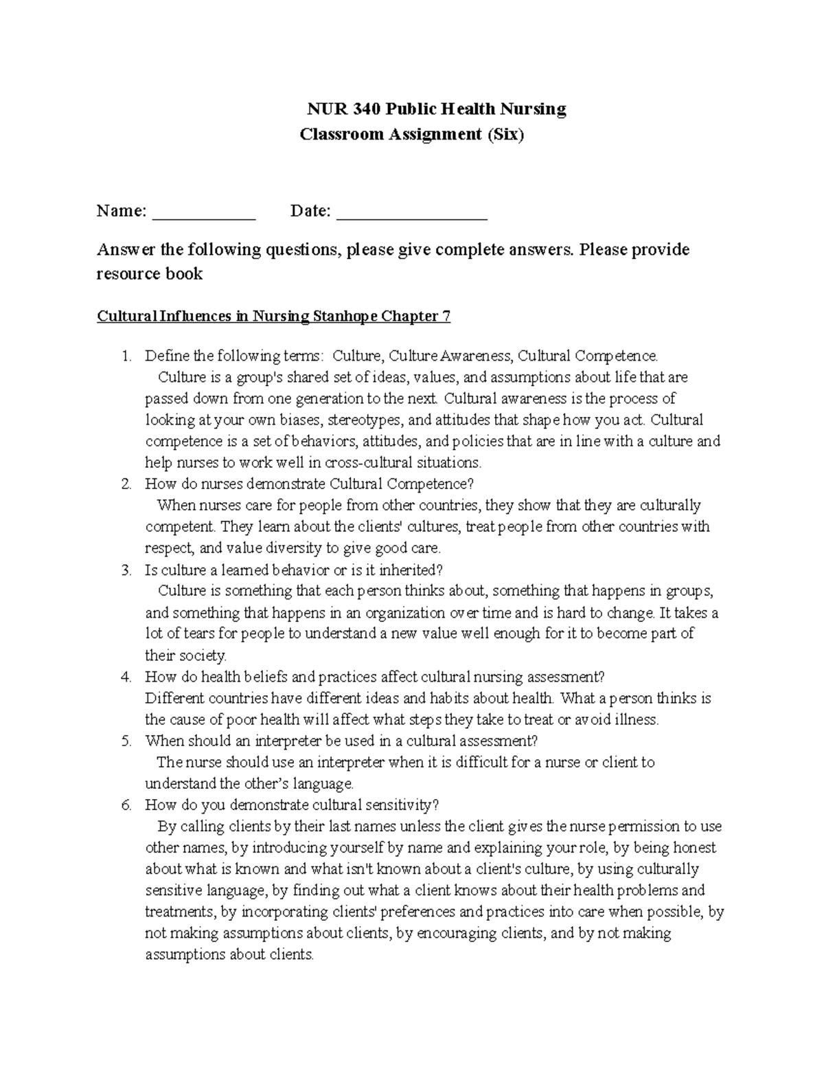 Active Learning Week 6 - NUR 340 Public Health Nursing Classroom ...