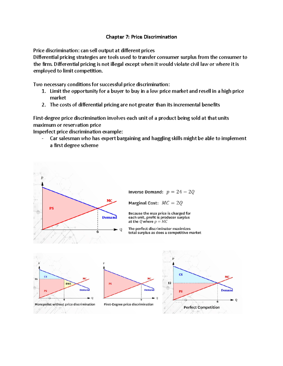 Chapter 7 notes - Chapter 7: Price Discrimination Price discrimination ...