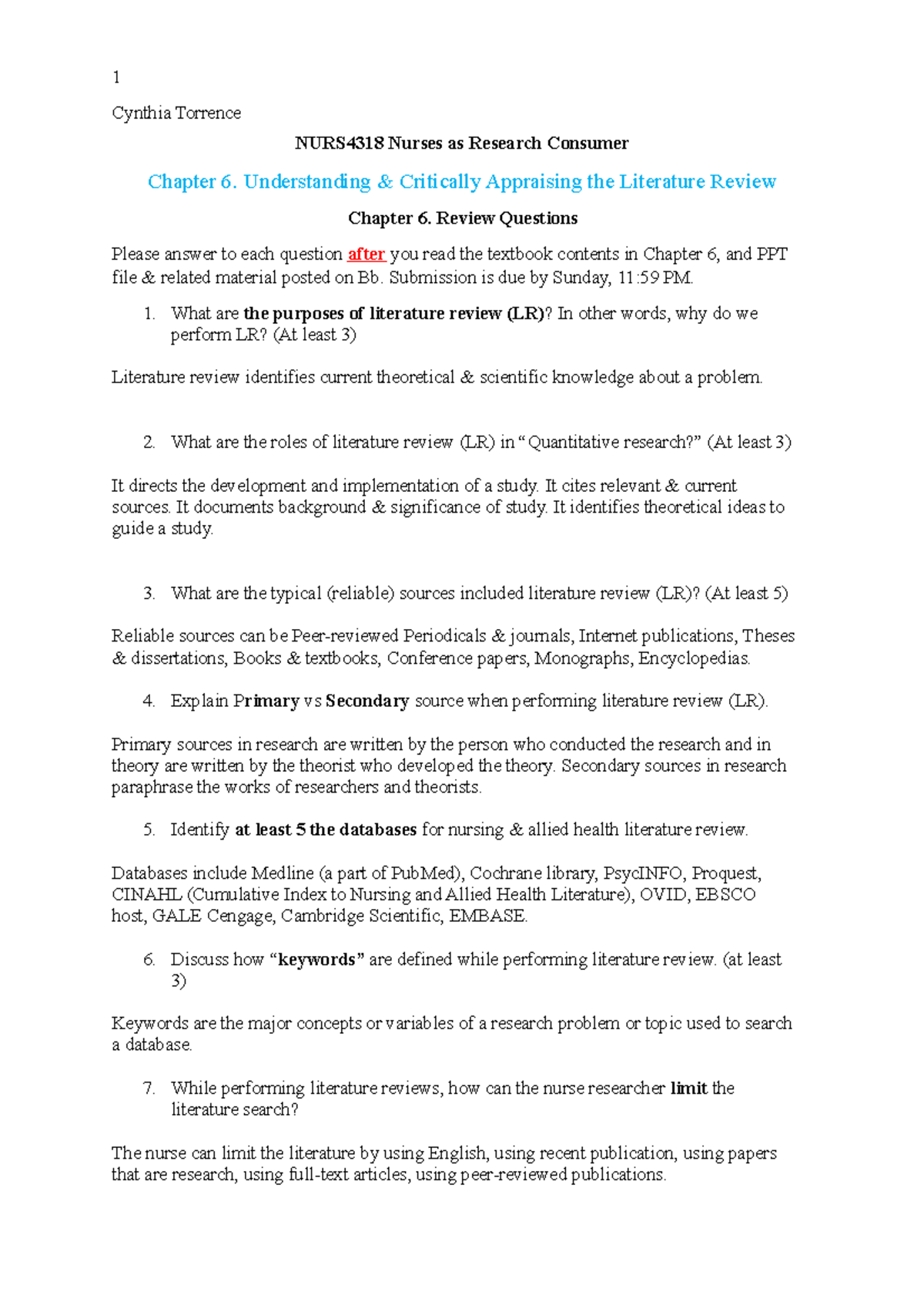 Chapter 6 review questions - 1 Cynthia Torrence NURS4318 Nurses as ...