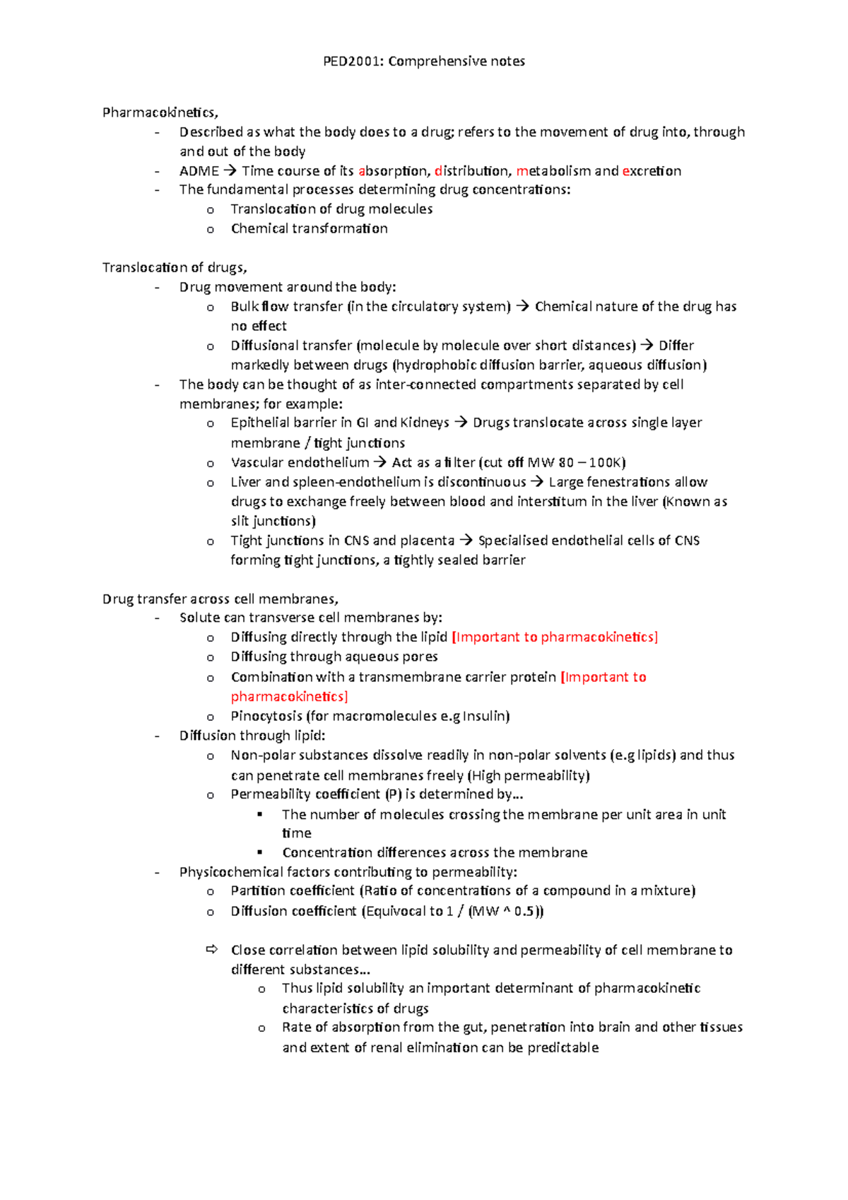 PED2001 Lecture notes - PED2001: Comprehensive notes Pharmacokinetics ...