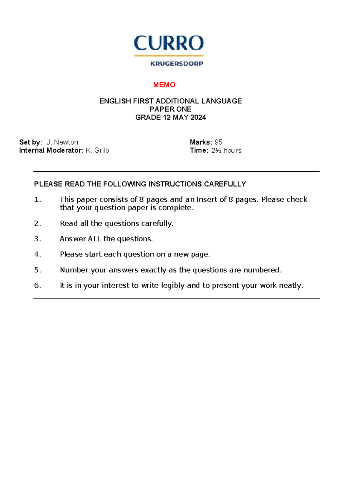 FAL Paper 1 2024 - MEMO - MEMO ENGLISH FIRST ADDITIONAL LANGUAGE PAPER ...