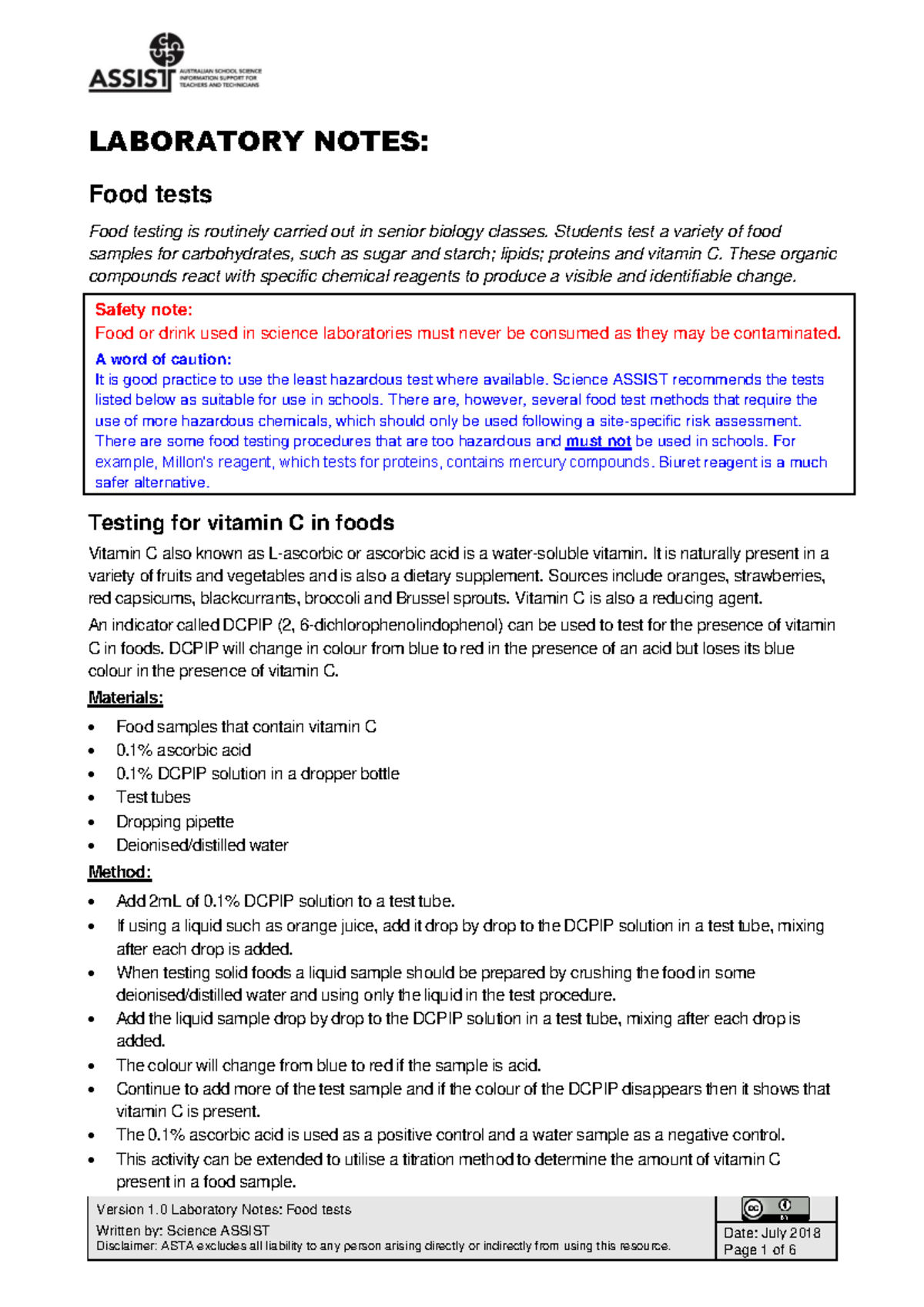 Laboratory notes - Food tests - Version 1 Laboratory Notes: Food tests ...