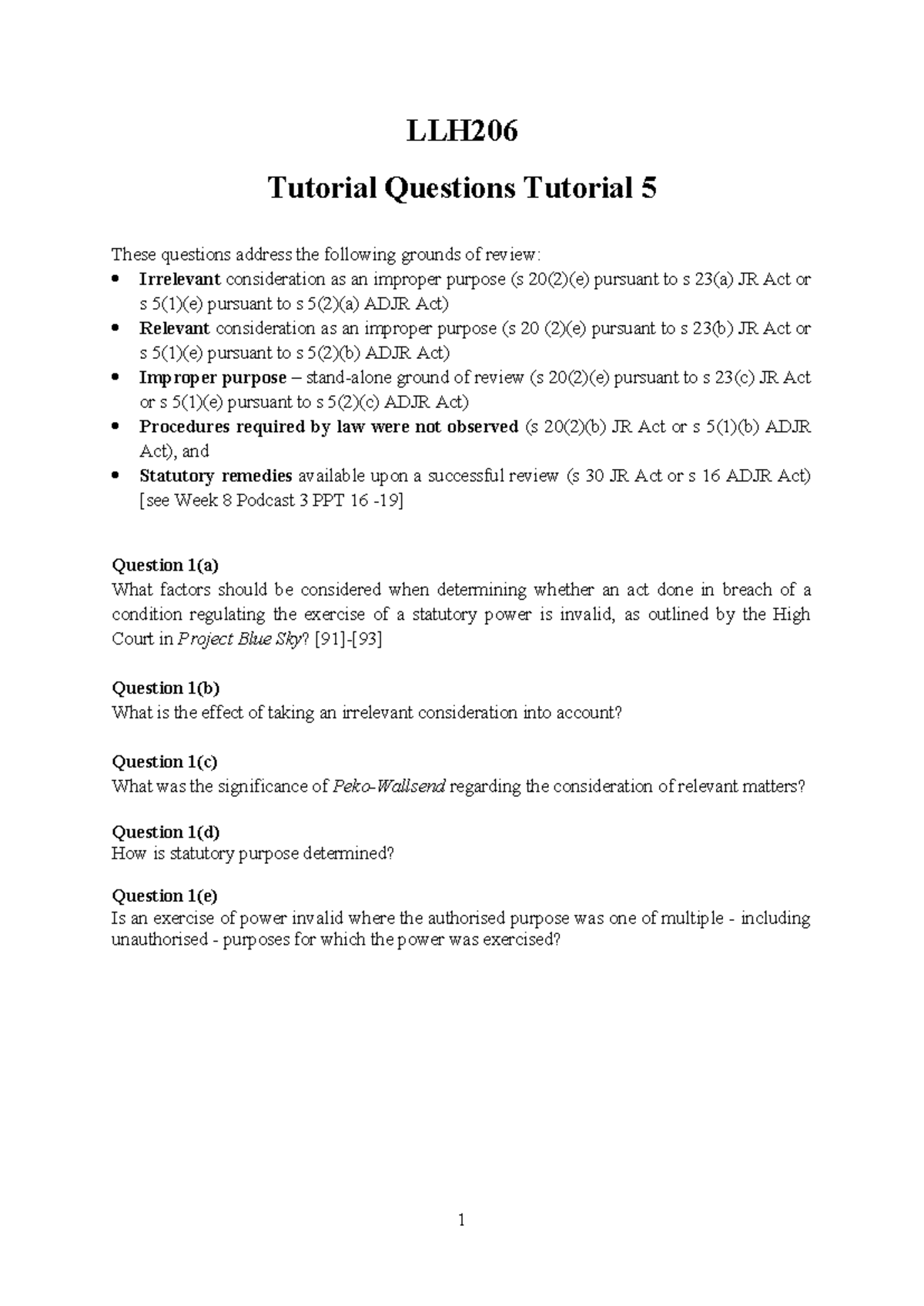 LLH206 Tutorial questions week 5 honours summer sem - LLH Tutorial Questions Tutorial 5 These ...