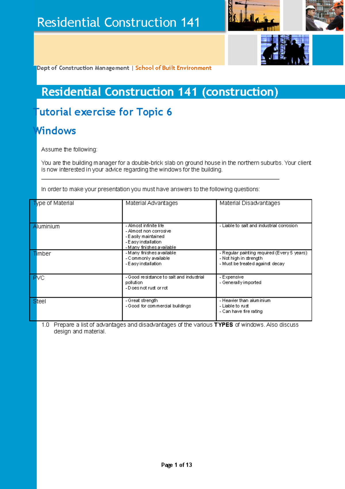 Tutorial work - weeks 6-11 - Dept of Construction Management | School ...