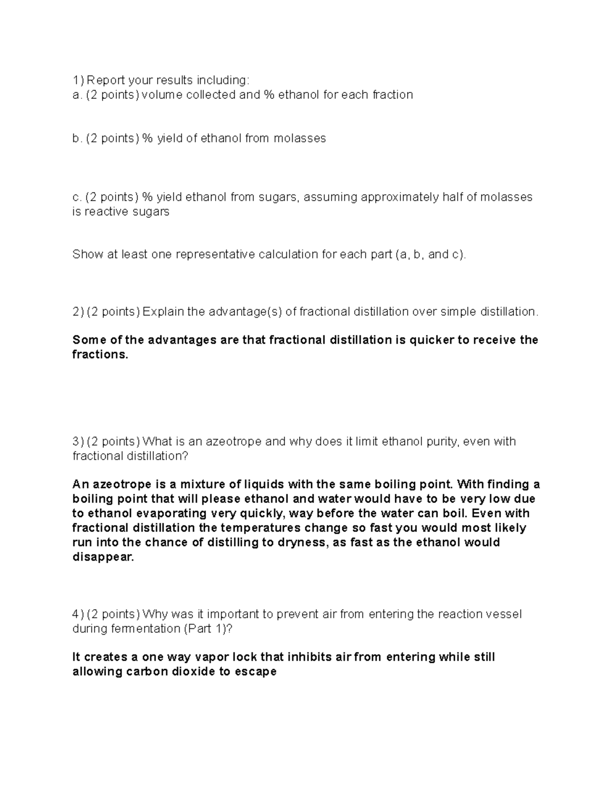 Post lab questions for o chem lab 2 - Report your results including: a ...