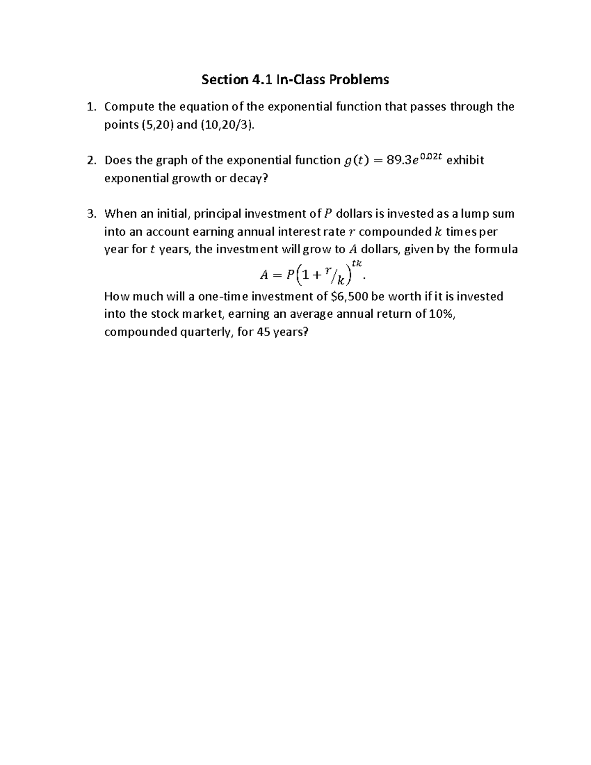 Sec 4.1 In-class exercise - Section 4 In-Class Problems Compute the ...