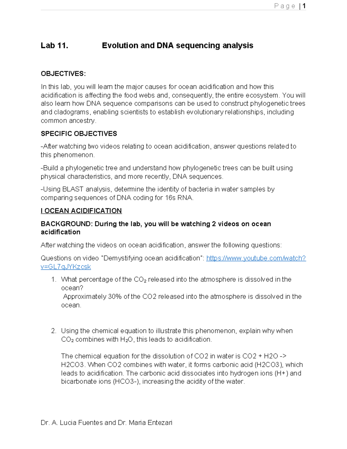 11. DNA and evolution lab handout 1 - Lab 11. Evolution and DNA sequencing analysis OBJECTIVES ...