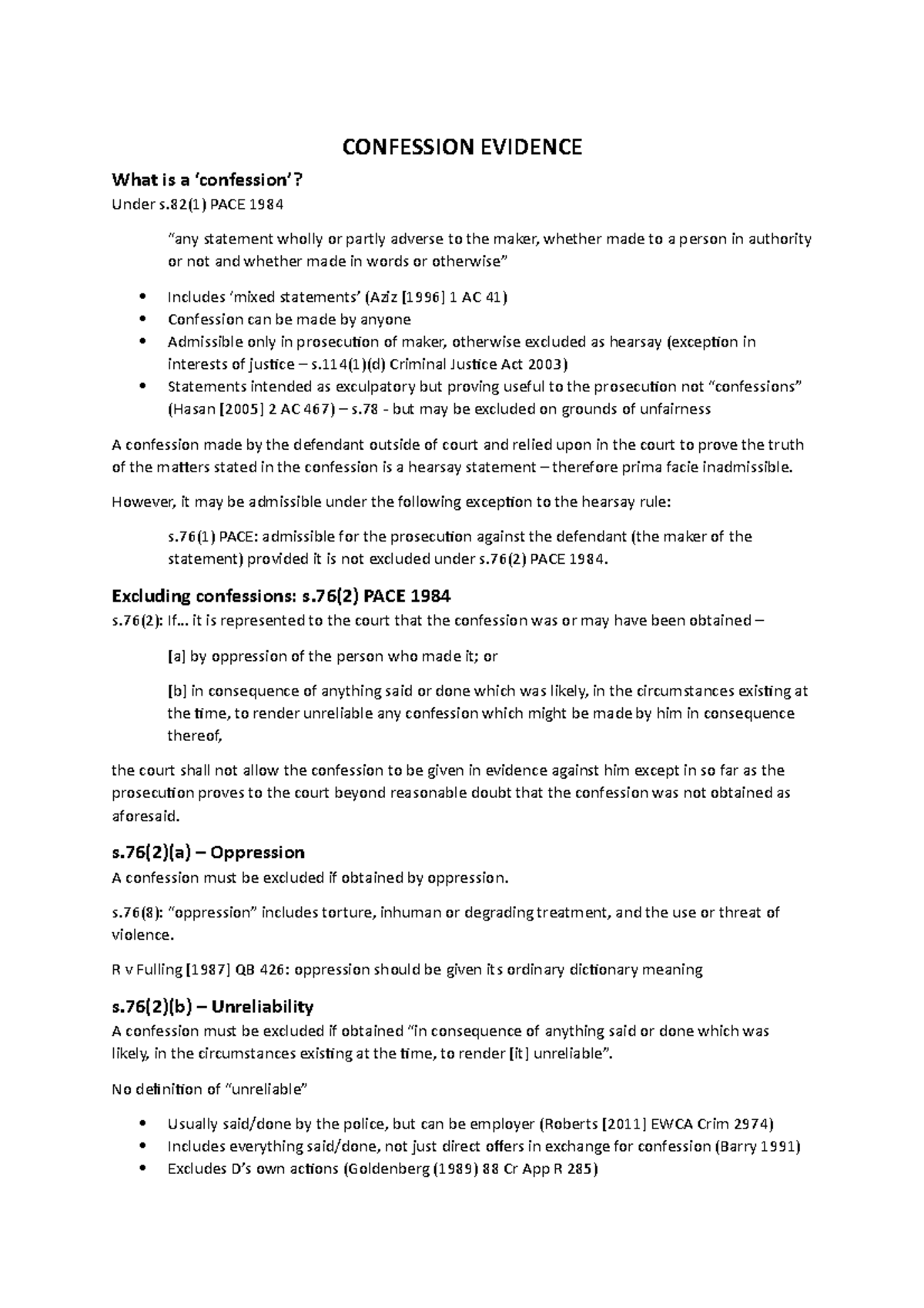 3. Confession Revision notes - CONFESSION EVIDENCE What is a ...