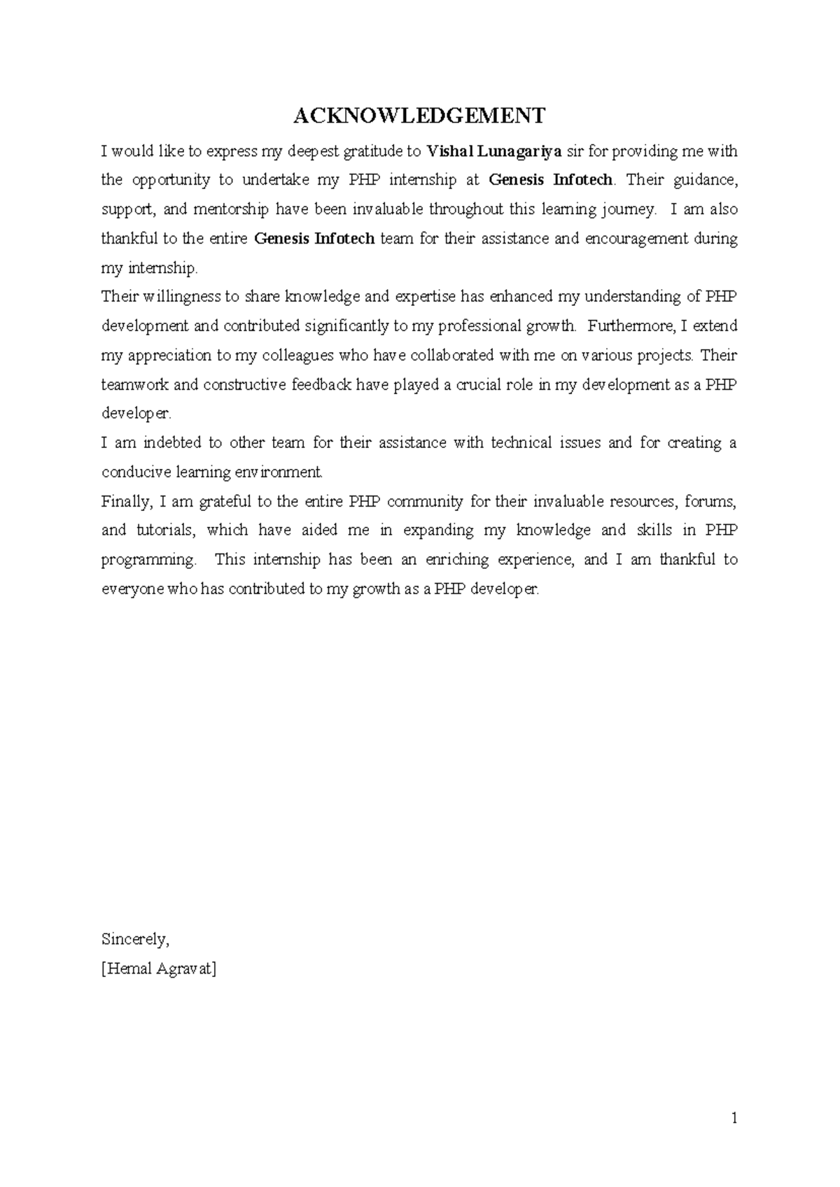 Internship report - ACKNOWLEDGEMENT I would like to express my deepest ...