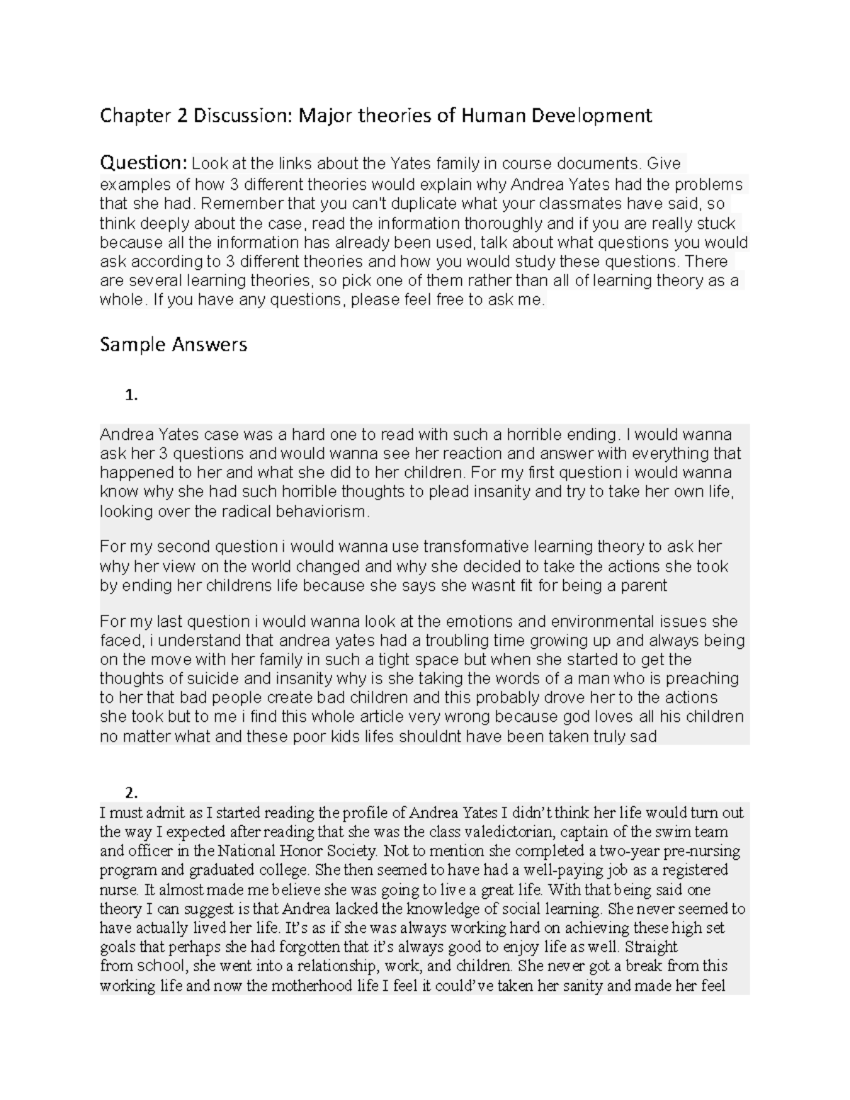 Chapter 2 Discussion - Chapter 2 Discussion: Major theories of Human ...