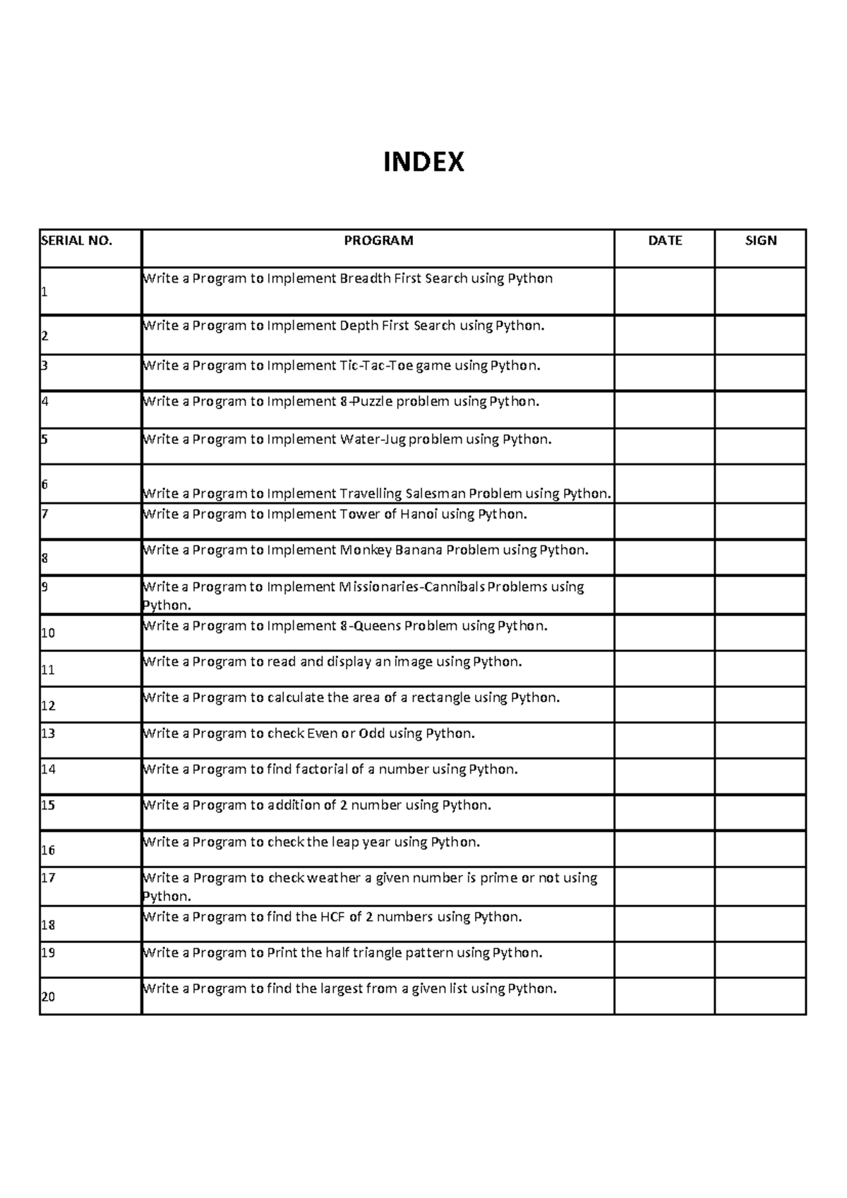 Ai file - Good - INDEX SERIAL NO. PROGRAM DATE SIGN 1 Write a Program ...
