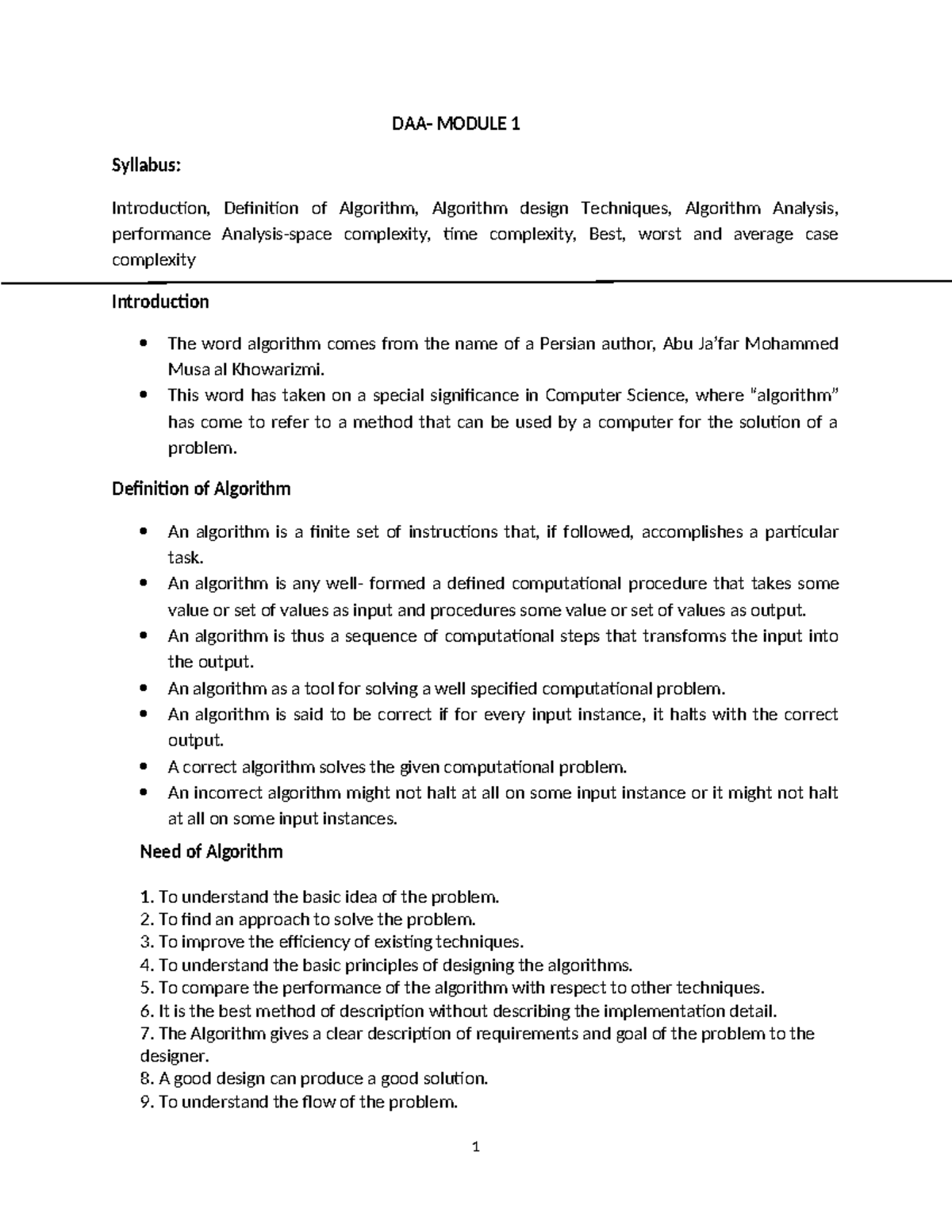 DAA mod1 - Summary Bachilor of computer application - DAA- MODULE 1 ...