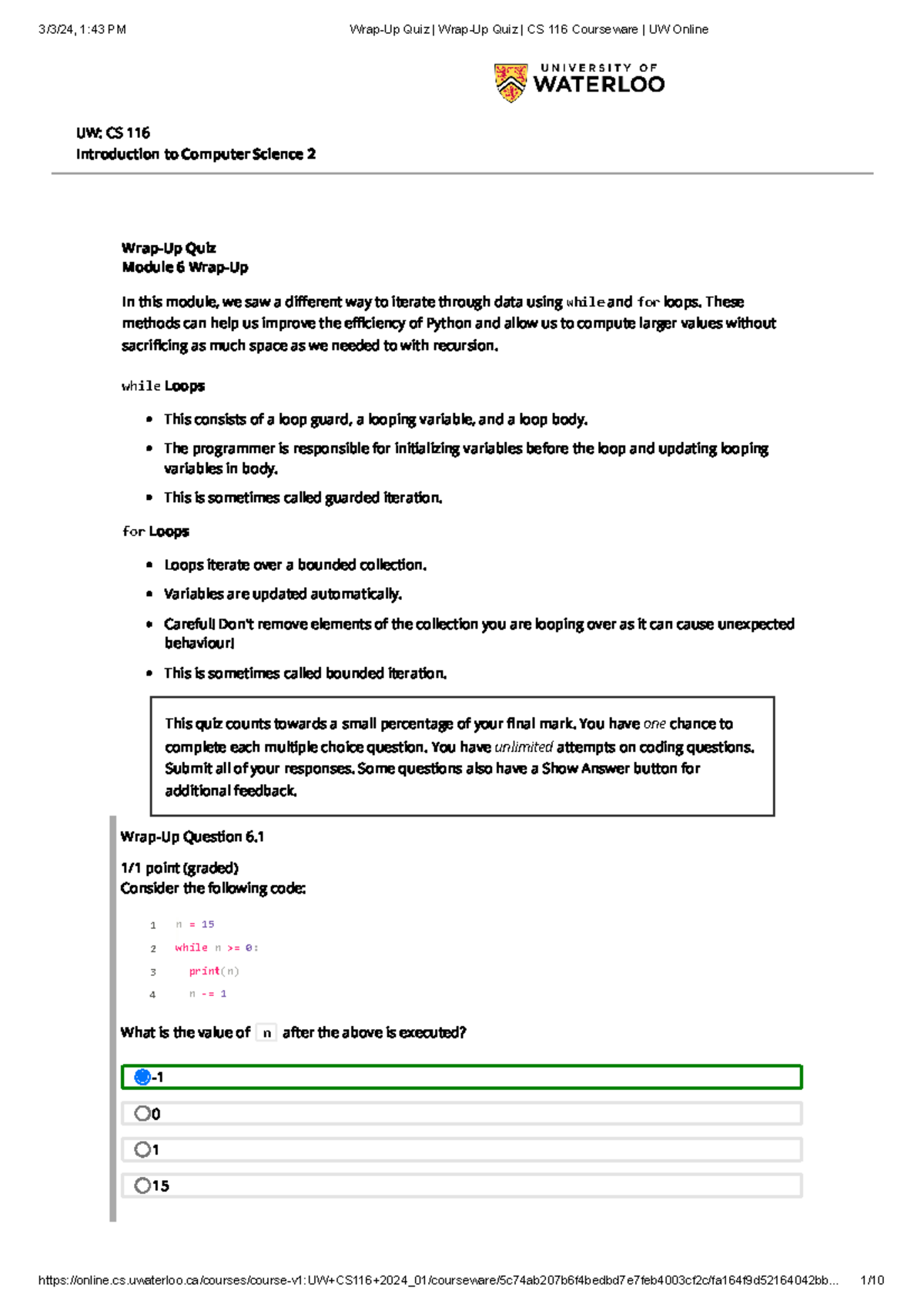 Wrap-Up Quiz 6 CS116 - Wrap up quiz for chap 6 - UW: CS 116 ...